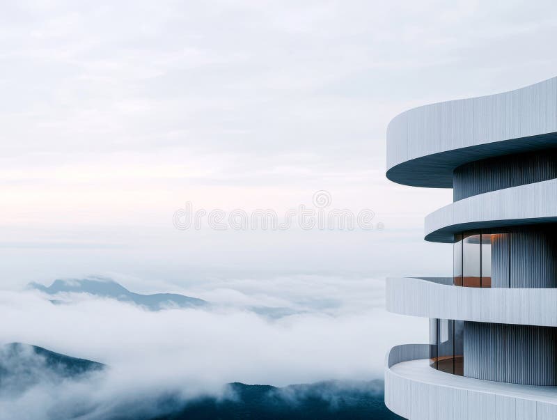 Serene Mountain View from Modern Architecture Surrounded by Soft Clouds ...