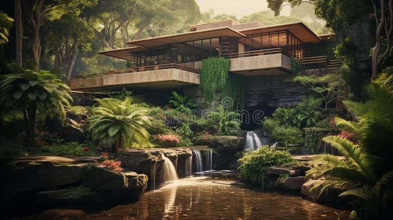 Contemporary Building Featuring a Cascading Waterfall, Surrounded by ...