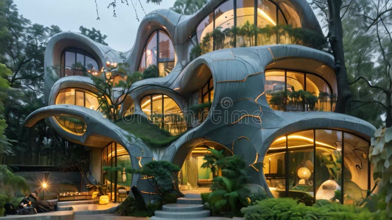 A Contemporary Building with an Organic, Whimsical Design, Illuminated ...