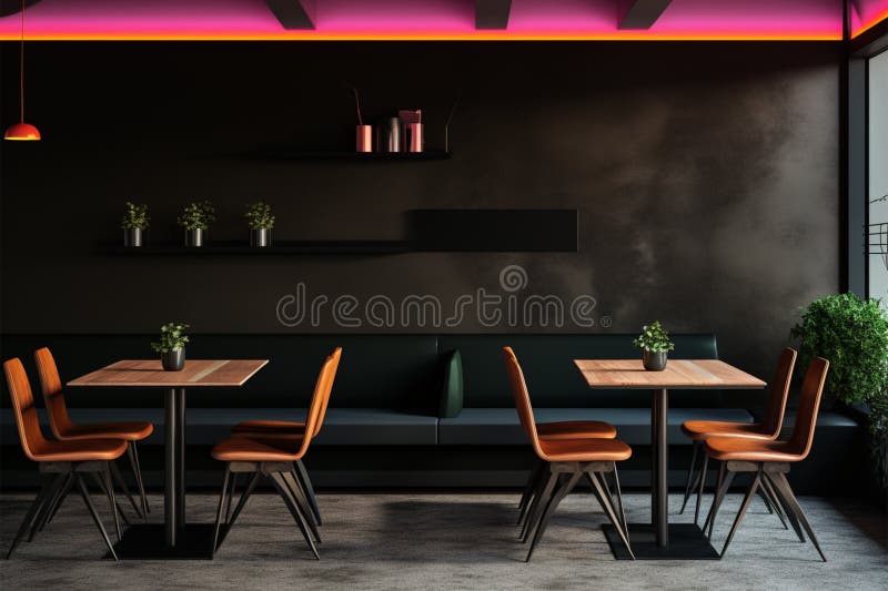 Contemporary Cafe Interior with a Black Wall for Advertising ...