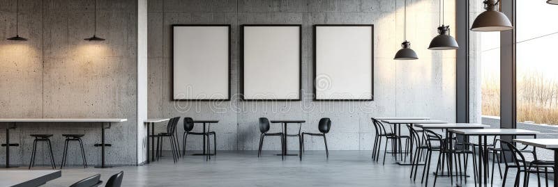 Contemporary Cafe Interior Featuring Empty Frames, Concrete Wall, and ...