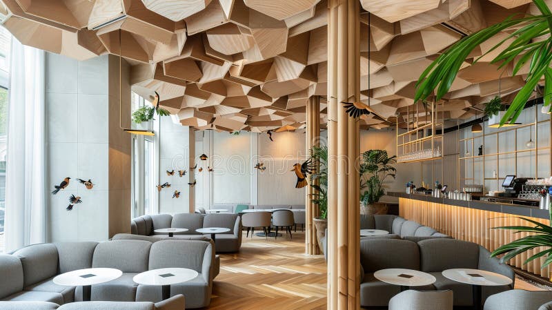 Modern Cafe Interior with Unique Geometric Ceiling Stock Illustration ...