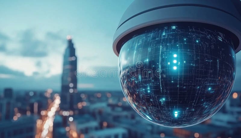 Contemporary Cctv Camera Over Cityscape with Double Exposure of Cyber ...