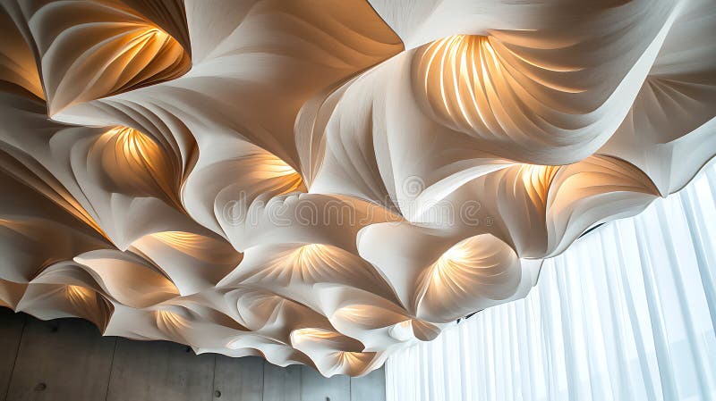 An Abstract Ceiling Sculpture with Intricate, Curved Forms and Warm ...