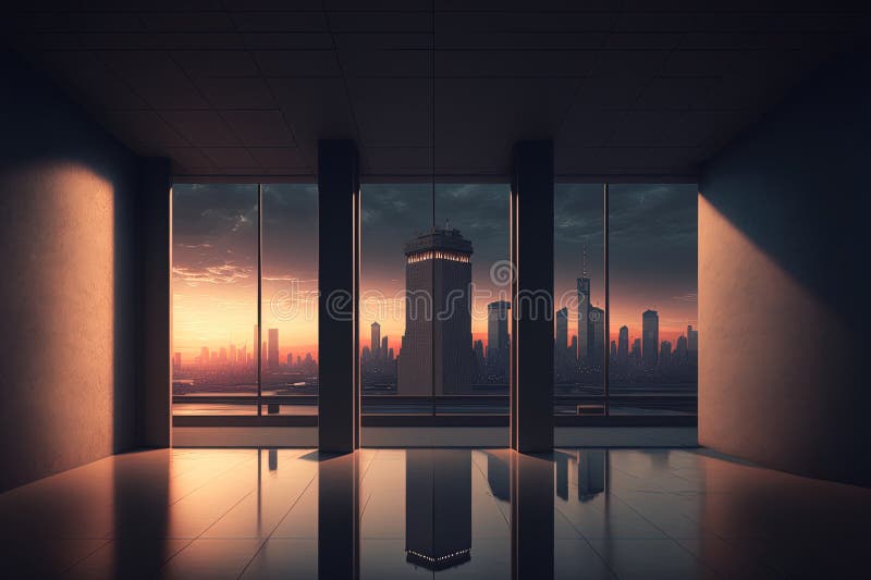 A Contemporary City Skyline at Dusk with an Empty Inside Floor Stock ...