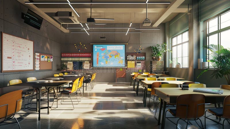 A Contemporary Classroom Features Interactive Panels and AI Assistants ...