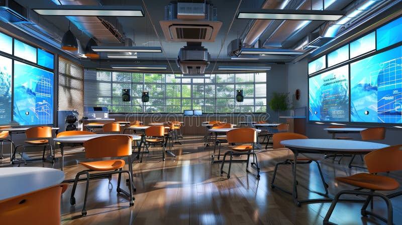 A Contemporary Classroom Features Modern Furniture, Interactive Panels ...