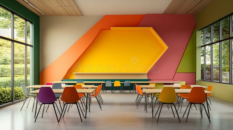 A Contemporary Classroom Featuring Colorful Chairs and Tables Arranged ...