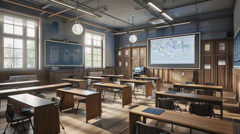 A Contemporary Classroom Featuring Interactive Panels and AI Assistants ...