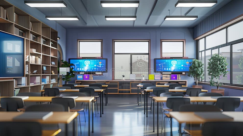 A Contemporary Classroom Featuring Interactive Panels and AI Assistants ...