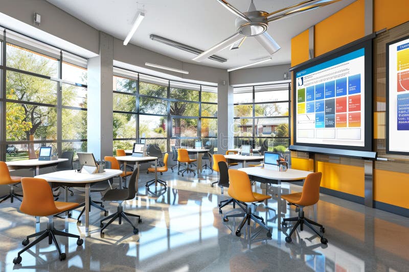 A Contemporary Classroom Featuring Interactive Panels and AI Assistants ...