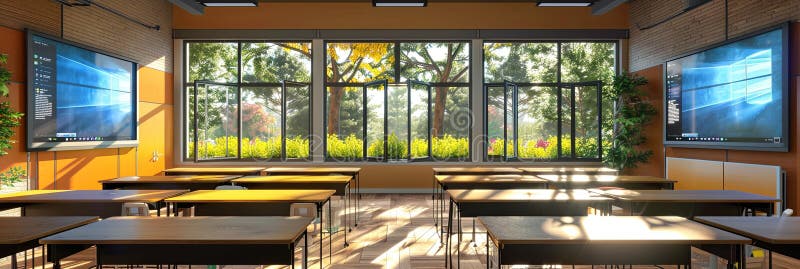 A Contemporary Classroom Featuring Interactive Panels and Large Windows ...