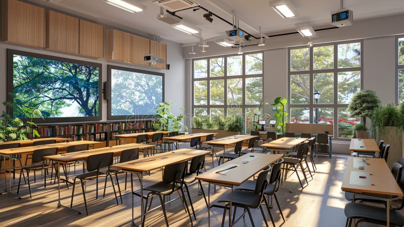 A Contemporary Classroom with Large Interactive Screens, Modern Desks ...