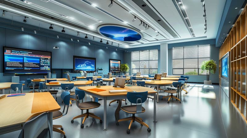 A Contemporary Classroom with Large Screens, Modern Furniture, and ...