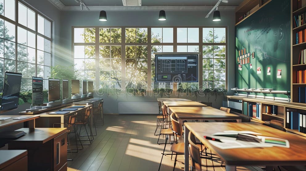 A Contemporary Classroom with Large Windows, Sunlight Streaming in ...