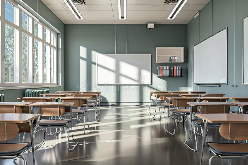 A Contemporary Classroom with Modern Desks and Interactive Panels ...