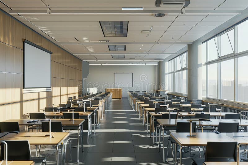 A Contemporary Classroom with Rows of Desks and Chairs, Interactive ...