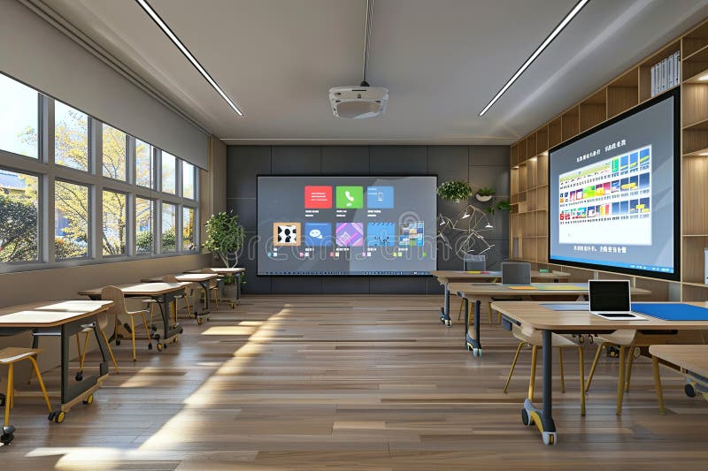 A Contemporary Classroom Setting Showcasing Interactive Panels and AI ...