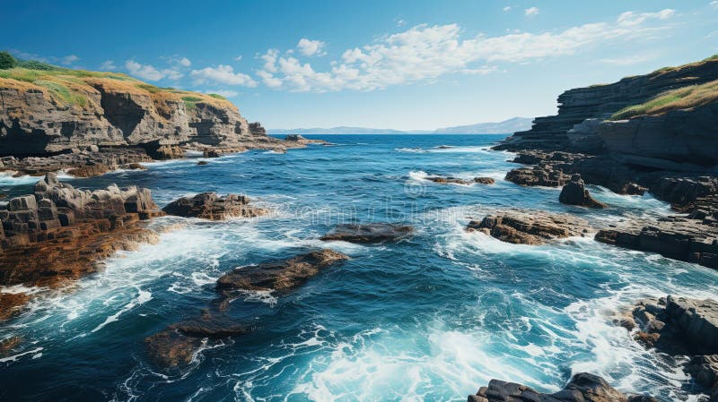 Contemporary Cliffs Wide Sky Rough Waves Landscape Background Stock ...