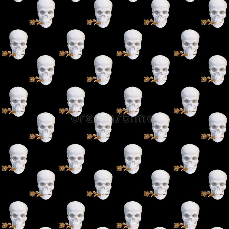 Contemporary Collage. Seamless Pattern of White Skulls with a Golden ...