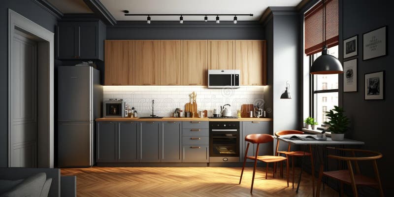 Contemporary Compact Design of Modern Kitchen in Stylish Home Stock ...