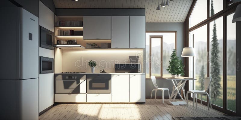 Contemporary Compact Design of Modern Kitchen in Stylish Home Stock ...