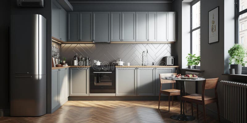 Contemporary Compact Design of Modern Kitchen in Stylish Home Stock ...