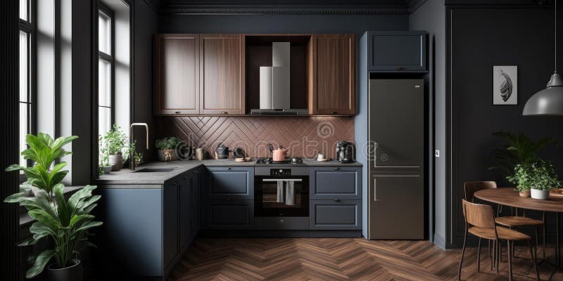 Contemporary Compact Design of Modern Kitchen in Stylish Home Stock ...