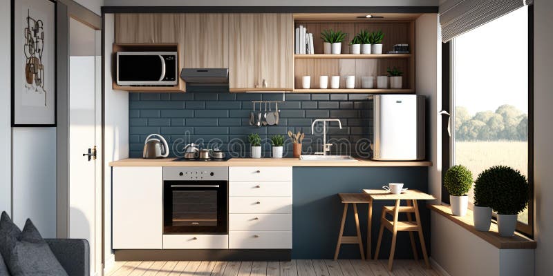 Contemporary Compact Design of Modern Kitchen in Stylish Home Stock ...