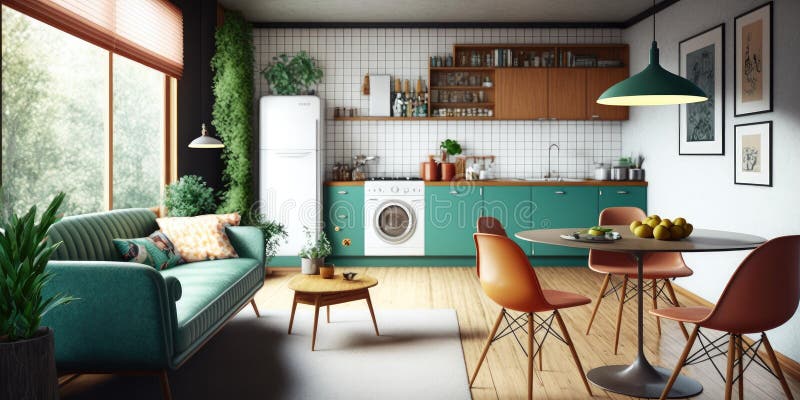 Contemporary Compact Design of Modern Kitchen in Stylish Home Stock ...