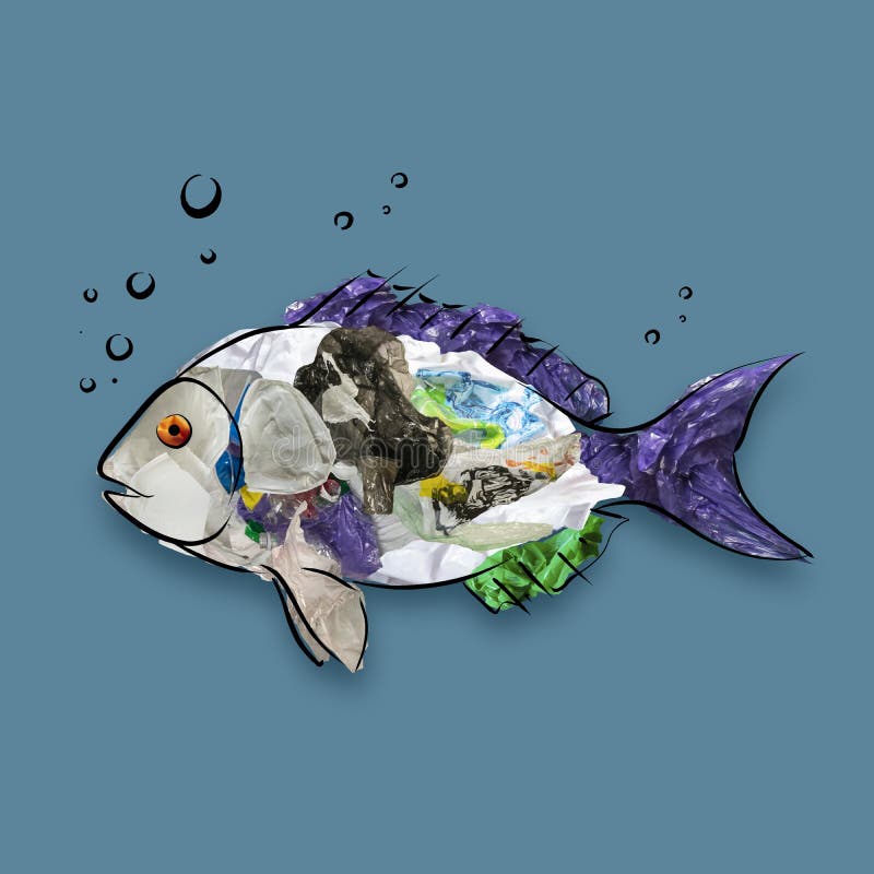 Contemporary Conceptual Art Collage with Drawn Fish Shark Filled with ...