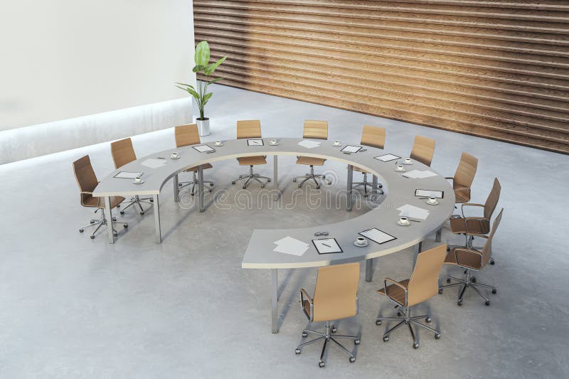 Contemporary Concrete Meeting Room Interior with Round Table. Boarding ...