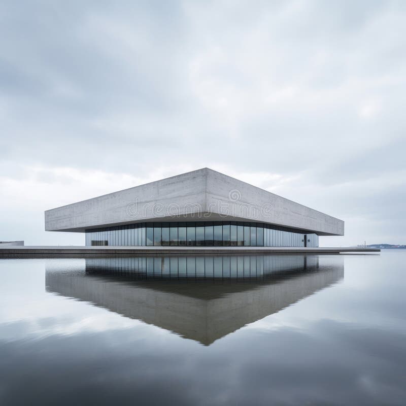 Contemporary Concrete Museum Reflected in Calm Waters Stock ...