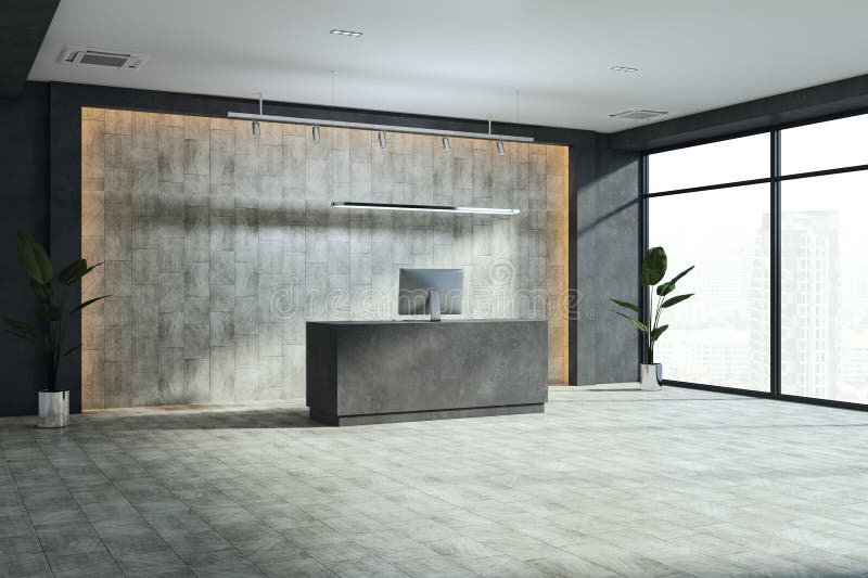 Contemporary Concrete Office Reception Desk and Panoramic Window with ...