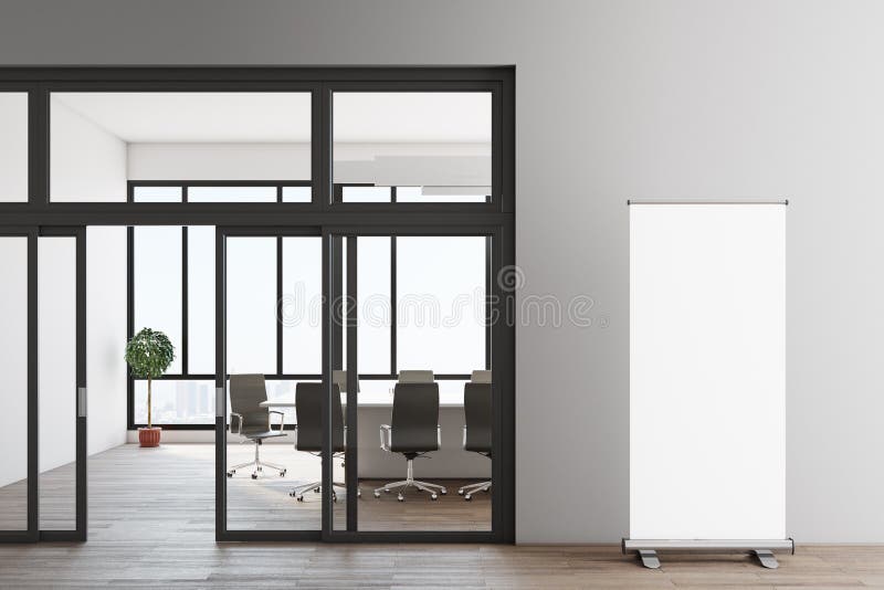 Contemporary Conference Interior with Blank Vertical Banner on Wall ...
