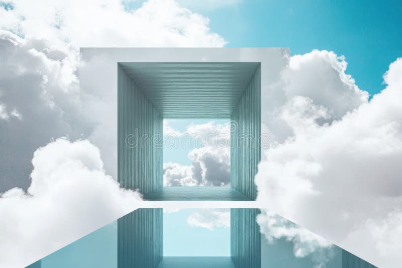 Contemporary Cube Structure Surrounded by Clouds in a Bright Blue Sky ...