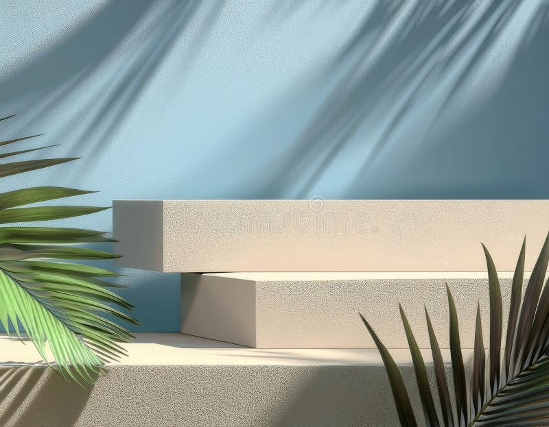 Contemporary 3D Render: Step Podium with Sunshade Palm Leaf Shadow ...
