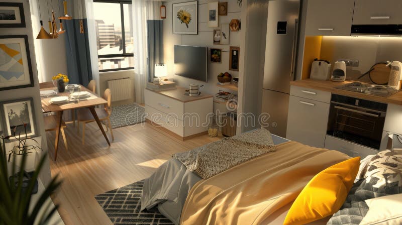 Contemporary 3D Studio Showcasing a Chic Open-plan Setup Merging Living ...