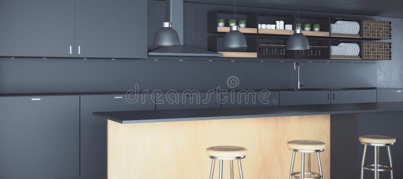Contemporary Dark Kitchen Counters Closeup Stock Illustration ...