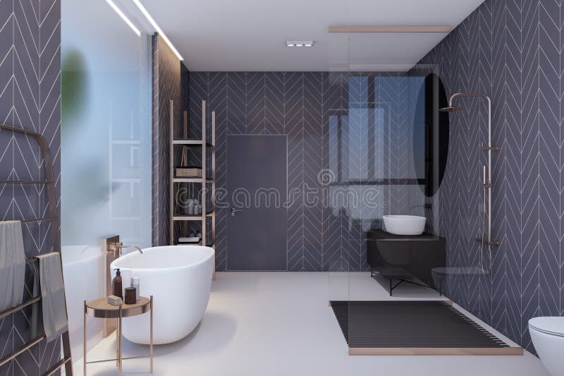 Contemporary Stylish Bathroom Interior with Decortaive Plant, Glass and Other Objects. 3D ...