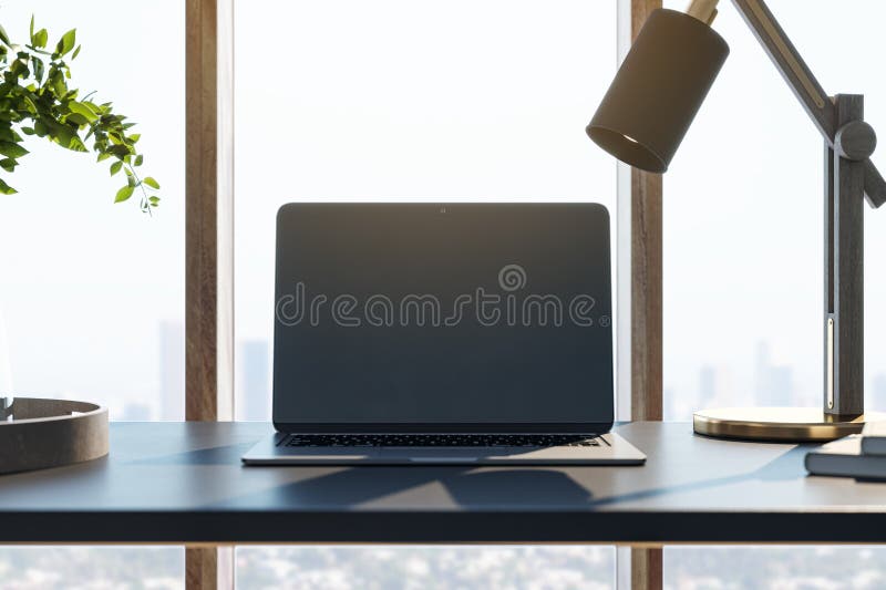 Contemporary Designer Desktop with Mock Up Laptop Computer, Various ...