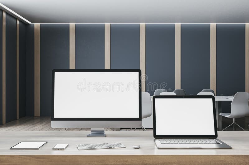 Contemporary Designer Office Desktop with Empty White Mock Up Computer ...