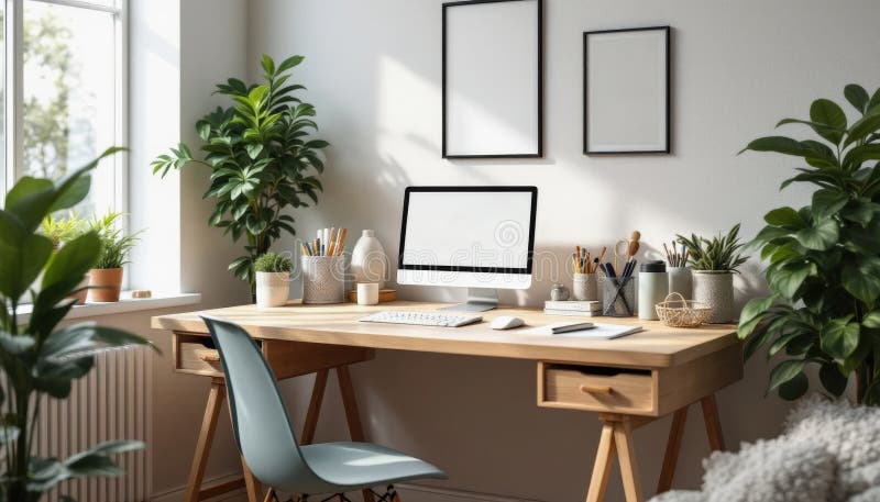 A Contemporary Desk Setup Featuring an Empty Computer Screen Surrounded ...