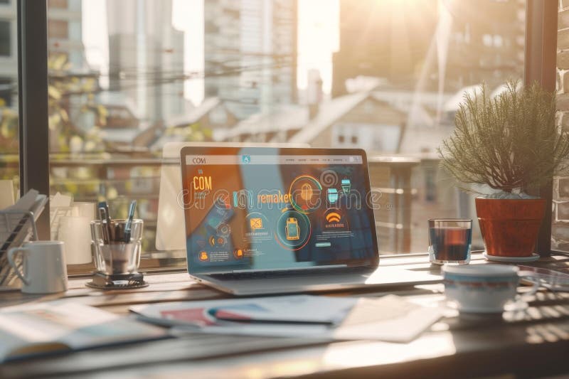 Modern Workspace with a Laptop Featuring CRM Software on a Wooden Desk ...