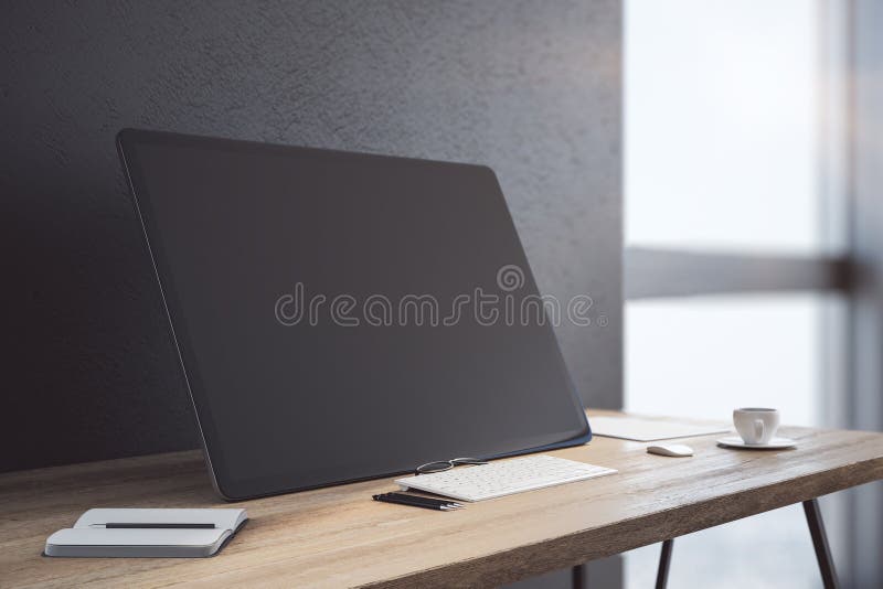 Contemporary Desktop with Computer Stock Illustration - Illustration of ...