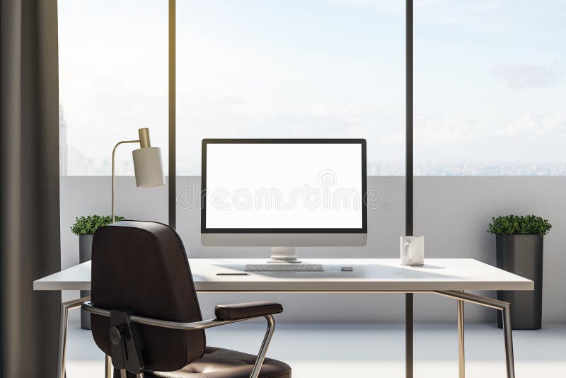 Contemporary Desktop with Empty White Computer Screen Stock ...