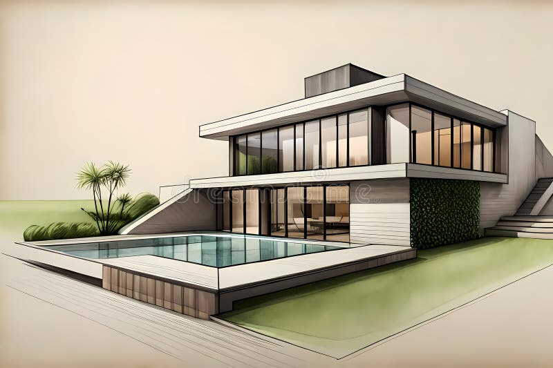 Contemporary Detached House with Pool Stock Illustration - Illustration ...