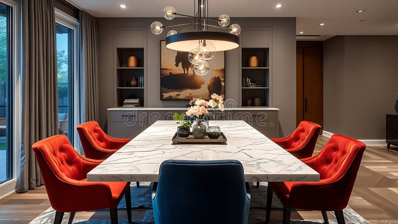 A Contemporary Dining Area with Bold Accent Chairs a Marble Table and ...