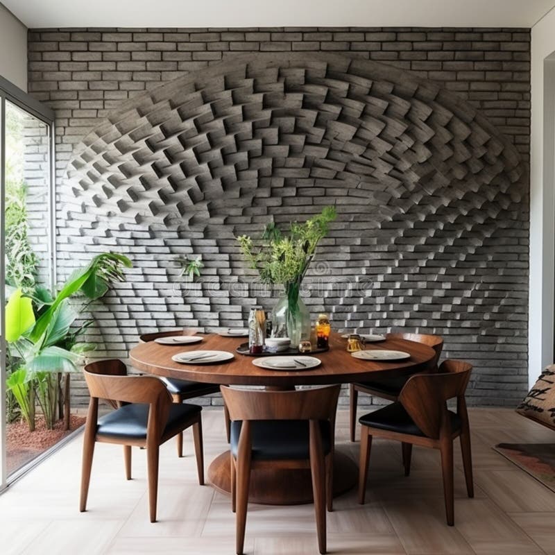 A Contemporary Dining Room with a 3D Brick Wall Effect Stock ...