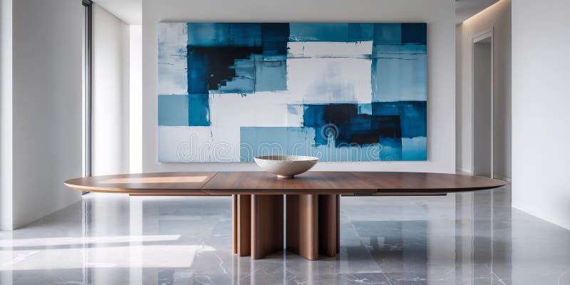 Contemporary Dining Room Featuring Oval Wooden Table and Abstract Wall ...